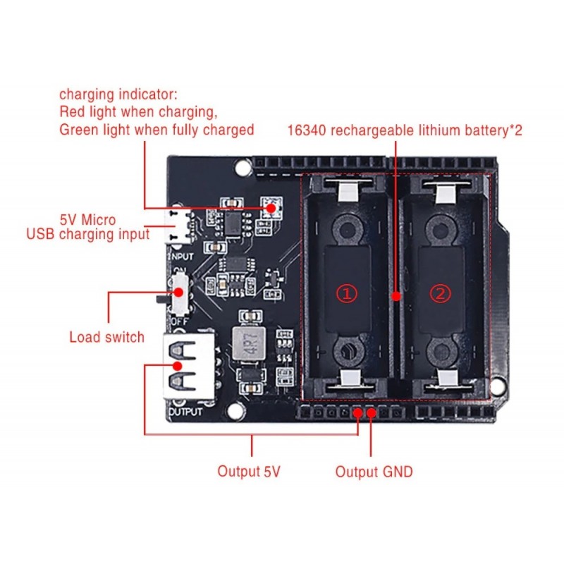 Shield Alimentação p/ 2 baterias de Lítio 16340 p/ Arduino UNO