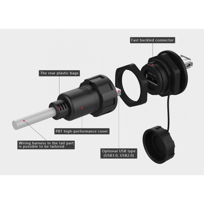 USB A IP65 connector for panel mount with 1m cable