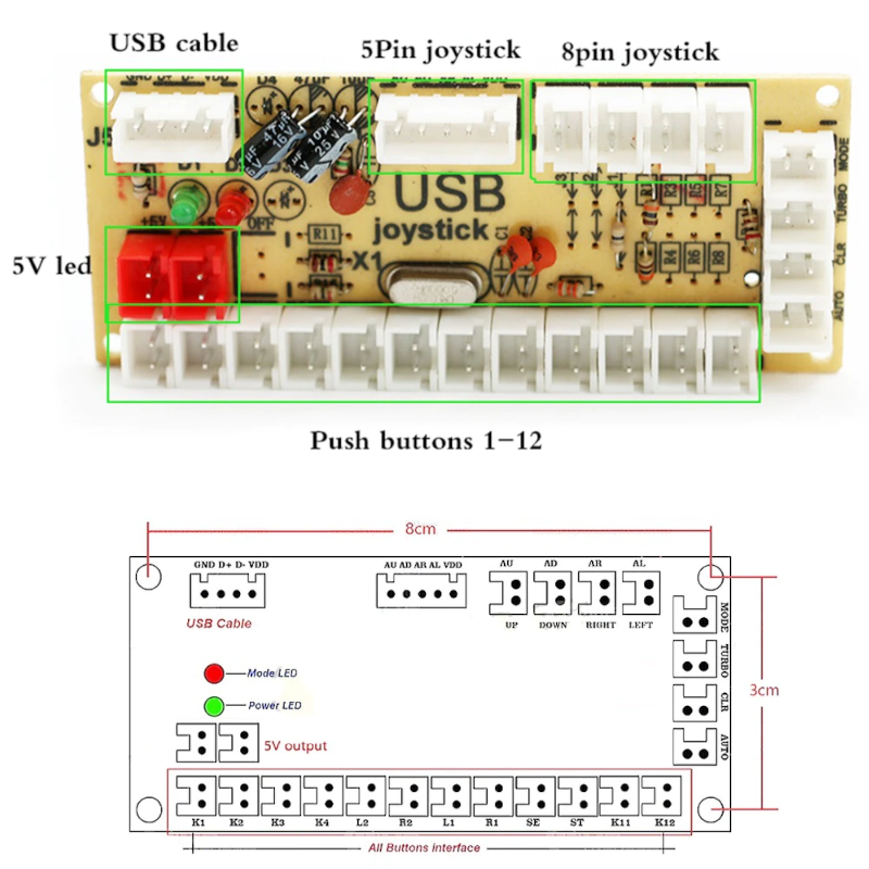 Conjunto ARCADE Vermelho - USB encoder + Joystick + Botões + Cabos