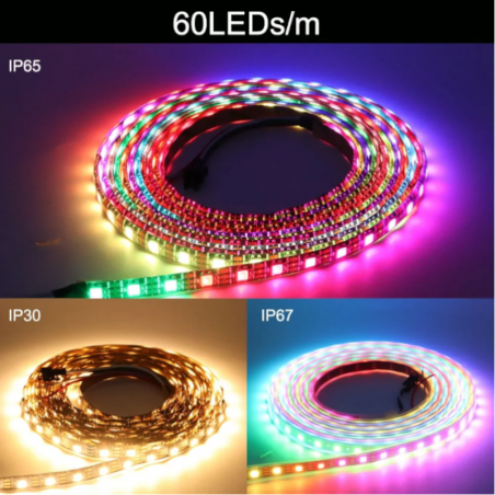 Fita LEDs RGB Endereçável 5V, WS2812B, 60 LED/m, Fundo Preto IP67 ...
