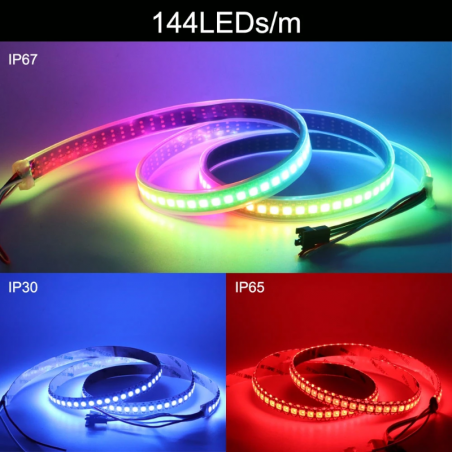 Fita LEDs RGB Endereçável 5V, WS2812B, 144 LED/m, Fundo Preto IP67 ...