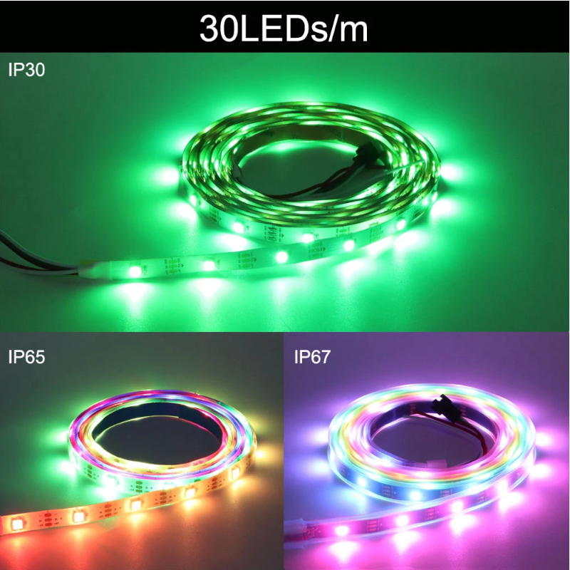 RGB LED STRIP 5V, WS2812B, 30 LED/M, BLACK PCB IP67 (NEOPIXEL) - 5 METER