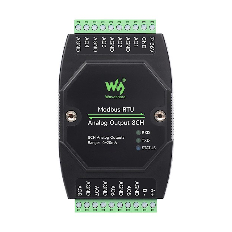 Industrial Modbus RTU 8-Ch Analog Output Module 12-bit DA (Output 0~20mA) - Waveshare 26419