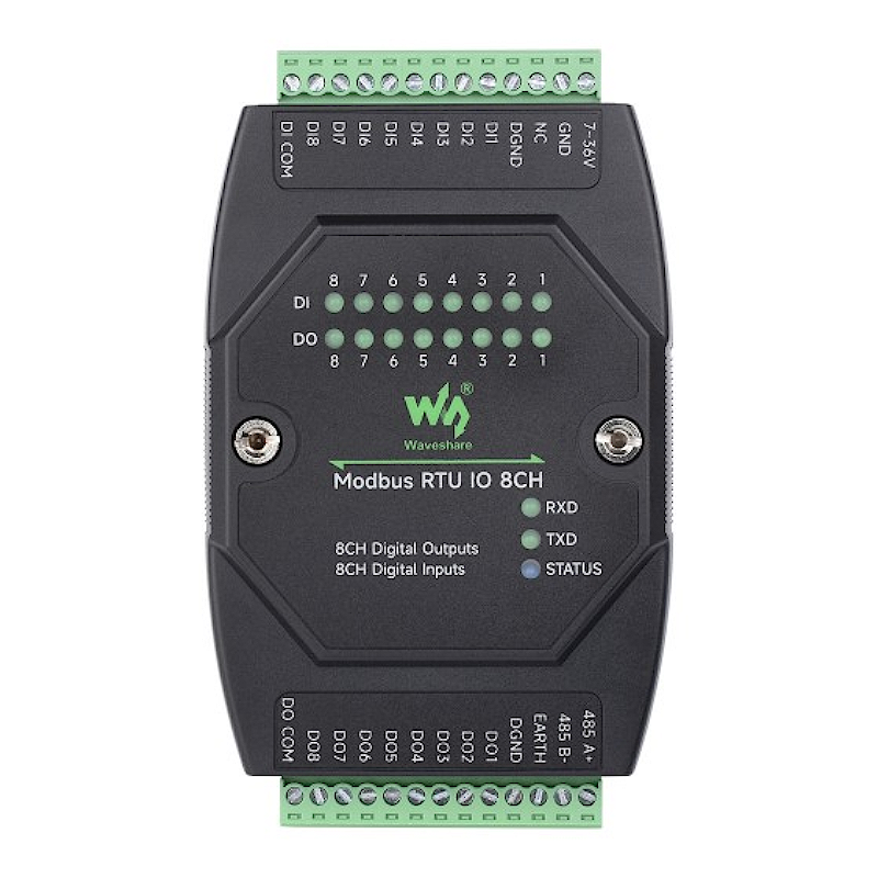 Conversor Industrial DIN de 8 IOs Digitais (configurável) para Module Modbus RTU - Waveshare 26244