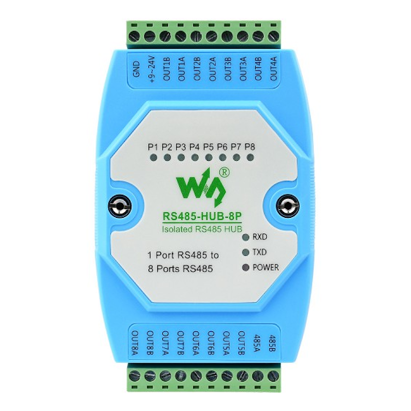 Industrial-grade Isolated 8-ch RS485 Hub DIN Rail - Waveshare 24271