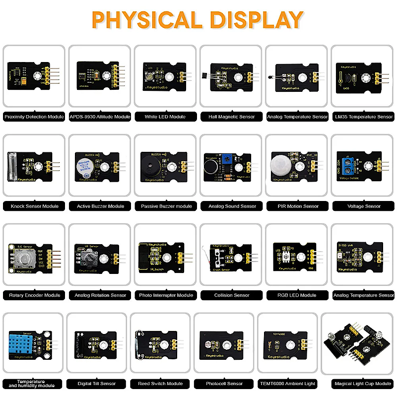 Kit de 48 Sensores para Arduino c/ caixa de cartão - Keyestudio KS0522 Kit de 48 Sensores para Arduino c/ caixa de cartão - Keyestudio KS0522