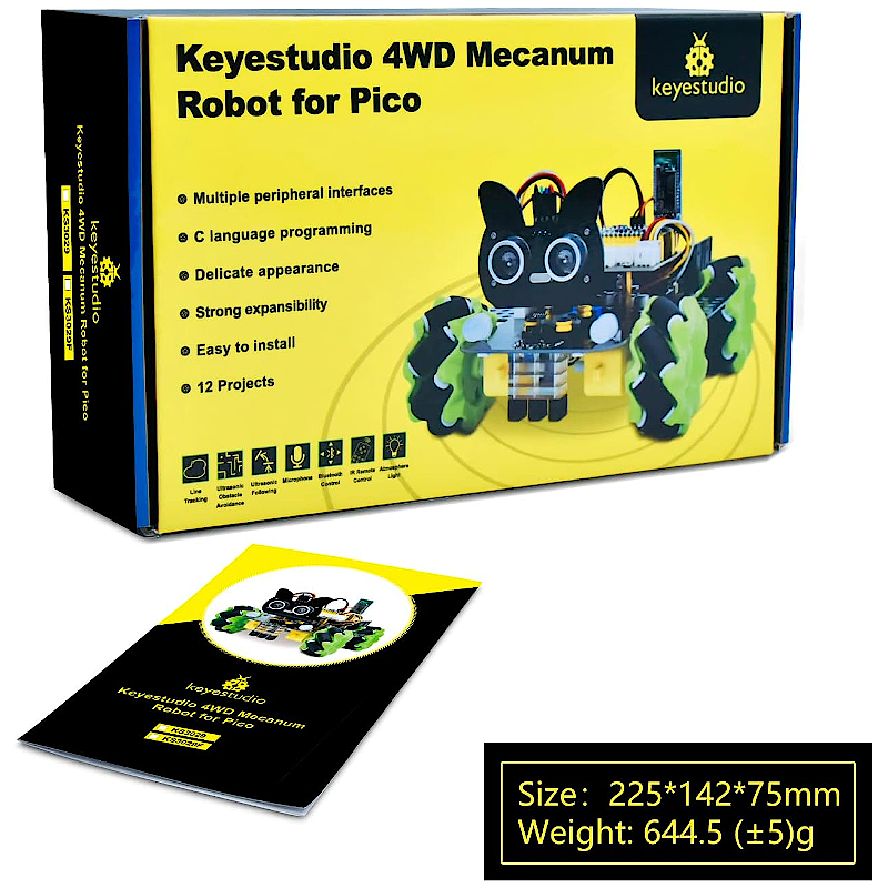 Kit Carro Robô 4WD mecanum para Raspberry Pi Pico (placa pico incluída) - Keyestudio KS3029