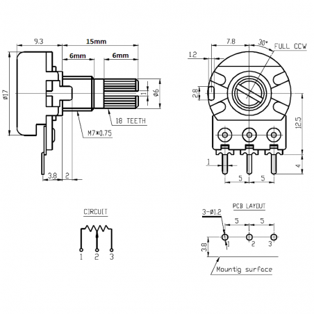 Metallic Mono Linear Potentiometer 1M 125mW Shaft 6mm Knurled