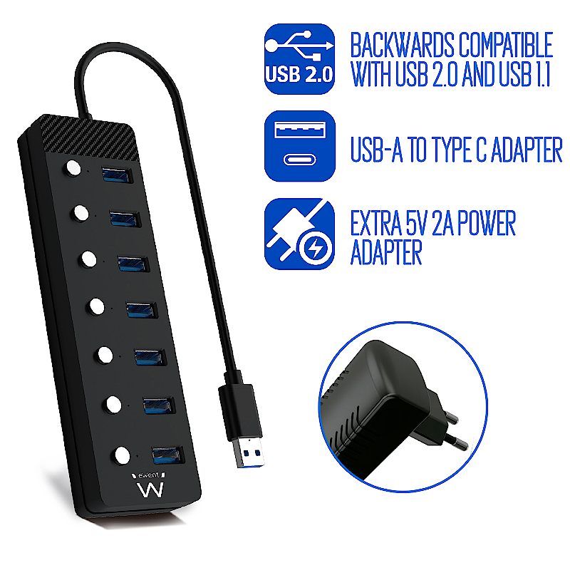 Hub USB Ewent EW1147 7 Portas USB 3.0 c/ Interruptor e Alimentador 5V 2A