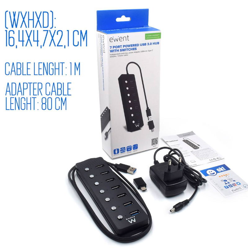 7 Port powered USB 3.0 Hub with switches - EW1147