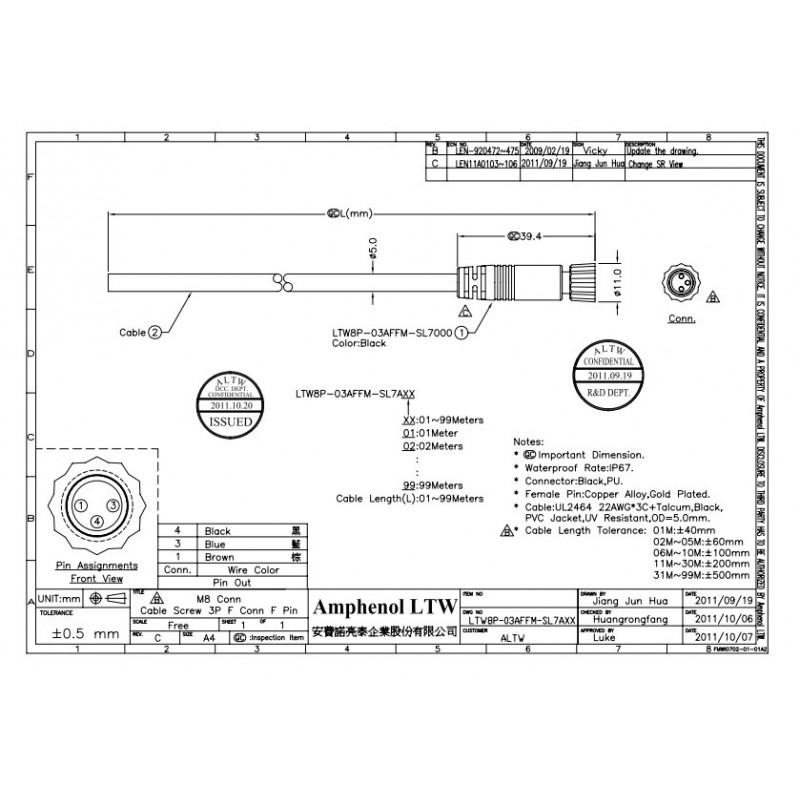 Female connector plug w/cable 3-pin M8